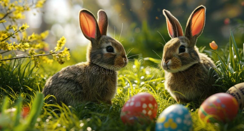 Two Bunnies and Easter Eggs in a Grassy Area Stock Photo - Image of ...