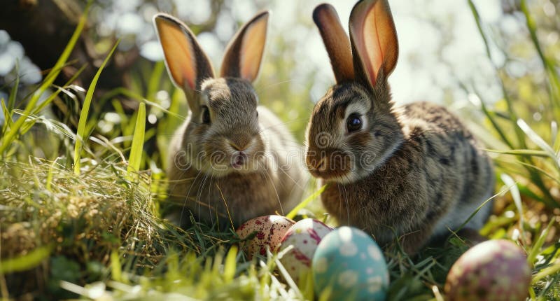 Two Bunnies and Easter Eggs in a Grassy Area Stock Image - Image of ...