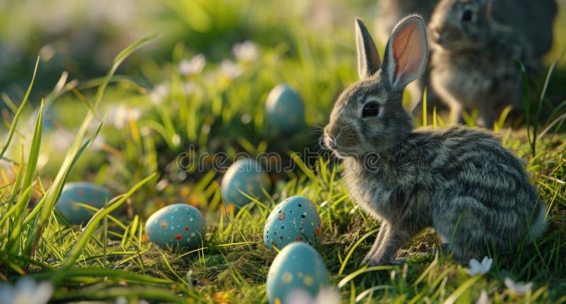 Two Bunnies and Easter Eggs in a Grassy Area Stock Photo - Image of ...