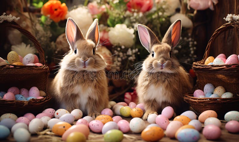 Two Bunnies are Guarding Easter Eggs. Happy Easter Stock Illustration ...