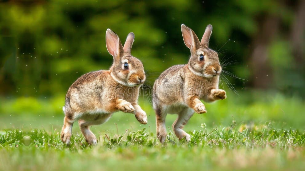 Two Bunnies Hopping Playfully in the Meadow Stock Illustration ...