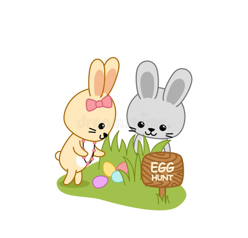Two Bunnies are Looking for Easter Eggs. Egg Hunt. Cartoon, Vector ...