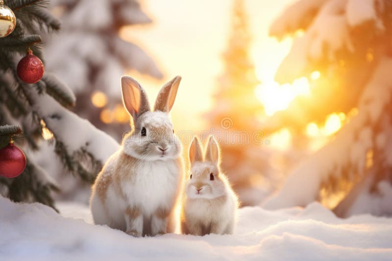 Two Bunnies on Snowy Background Stock Illustration - Illustration of ...