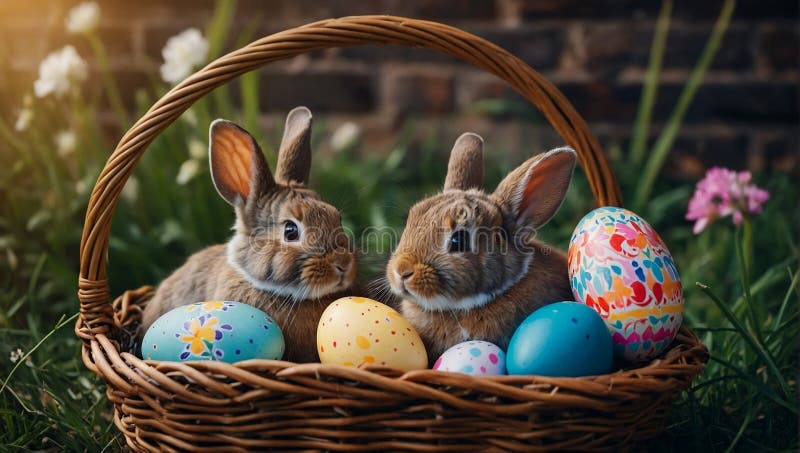 Two Bunnies in Wicker Basket, Easter Image Stock Illustration ...