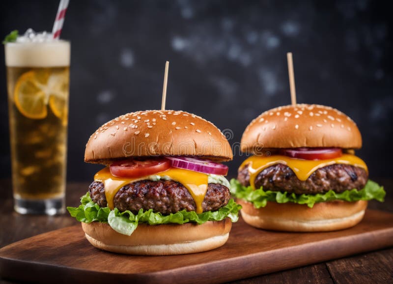 Two Burgers with Tomatoes and Cheese are on a Wooden Board Stock Photo ...
