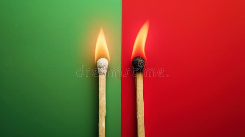 Two Burning Matches on Split Green and Red Background, Ideas, Emotional ...