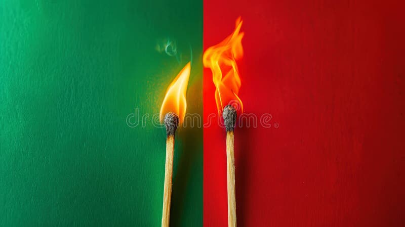 Two Burning Matches on Split Green and Red Background, Ideas, Emotional ...