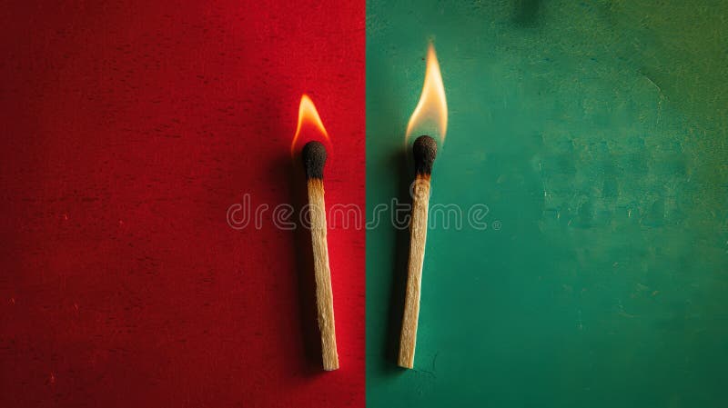 Two Burning Matches on Split Green and Red Background, Ideas, Emotional ...