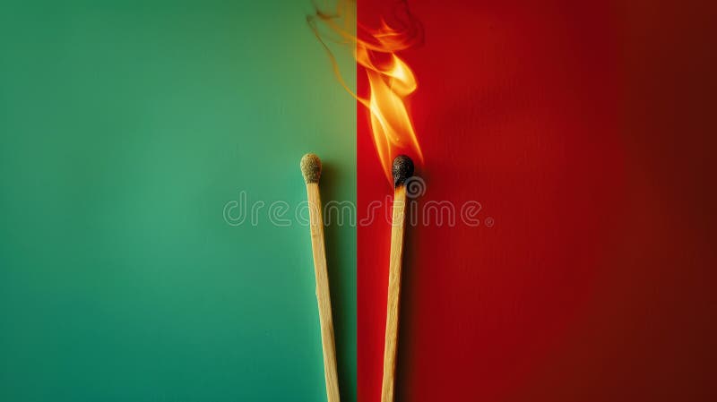 Two Burning Matches on Split Green and Red Background, Ideas, Emotional ...