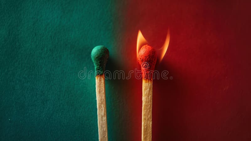 Two Burning Matches on Split Green and Red Background, Ideas, Emotional ...