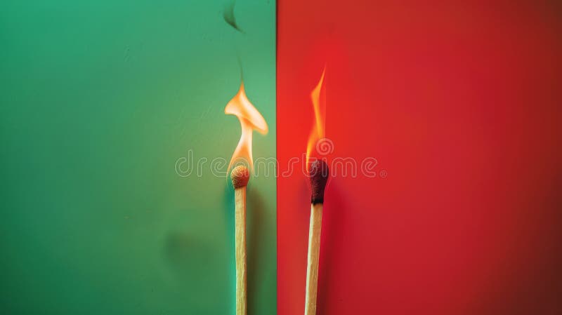 Two Burning Matches on Split Green and Red Background, Ideas, Emotional ...