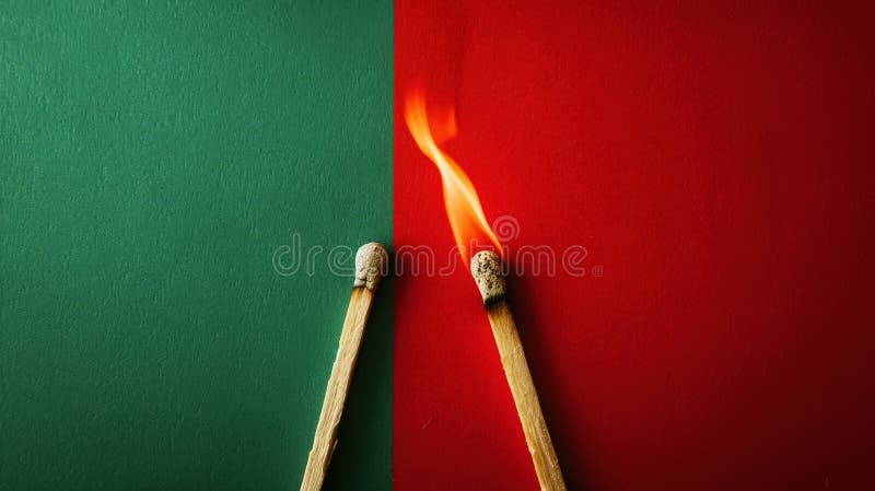 Two Burning Matches on Split Green and Red Background, Ideas, Emotional ...