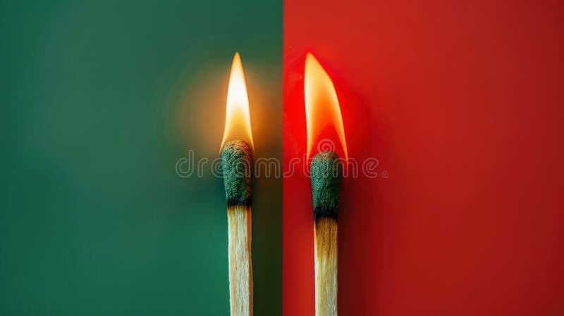 Two Burning Matches on Split Green and Red Background, Ideas, Emotional ...