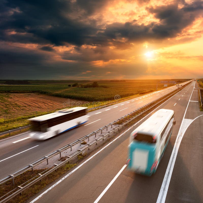 Two Buses on Highway in Motion Blur Stock Image - Image of driving ...