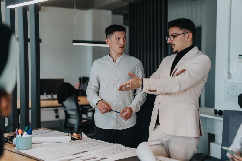 Two Business Colleagues Actively Engaged in Discussing Documents and ...