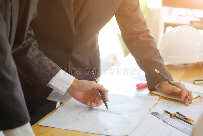 Two Business Engineer Discussing Meeting Architectural Project Stock ...