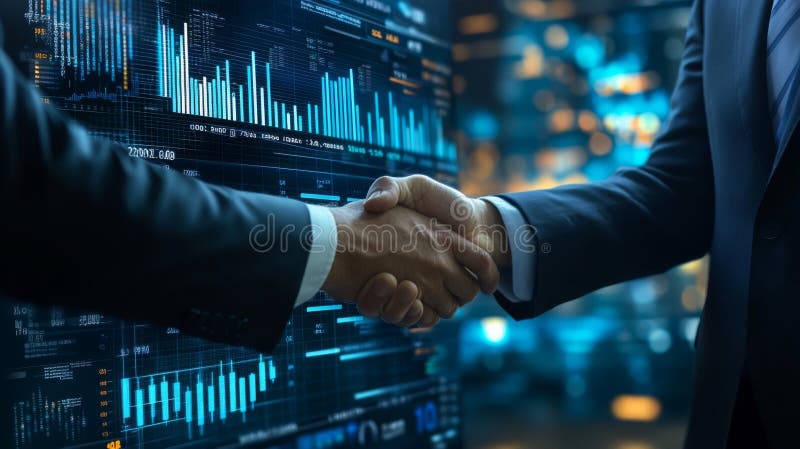 Two Business Executives Shaking Hands in Front of Digital Screen Stock ...