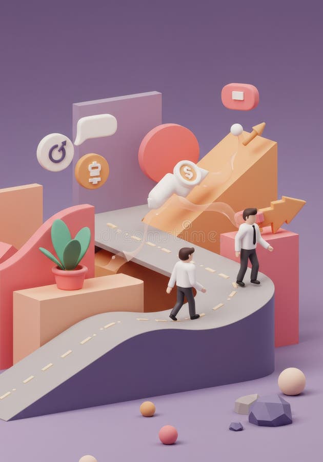 Two Business Figures on a Path To Success, Abstract 3D Illustration ...