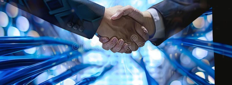 Two Business Individuals are Shaking Hands in Front of Blue Network ...