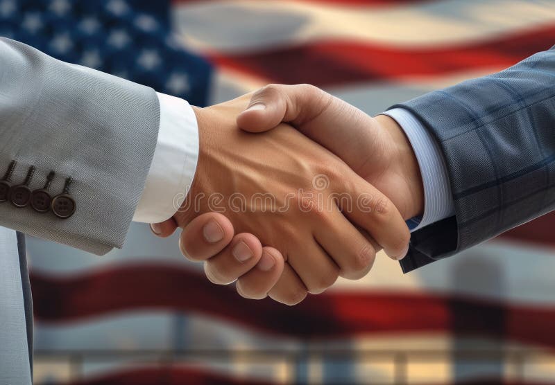 Two Business Members Handshake in Front of American Flag, American ...
