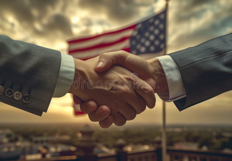 Two Business Members Handshake in Front of an American Flag, American ...