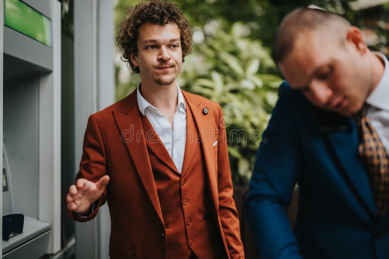 Two Business Men Experiencing an ATM Withdrawal Problem. Stock Image ...