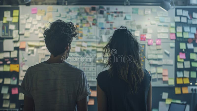 Two Business People are Analyzing a Wall Covered with Sticky Notes ...