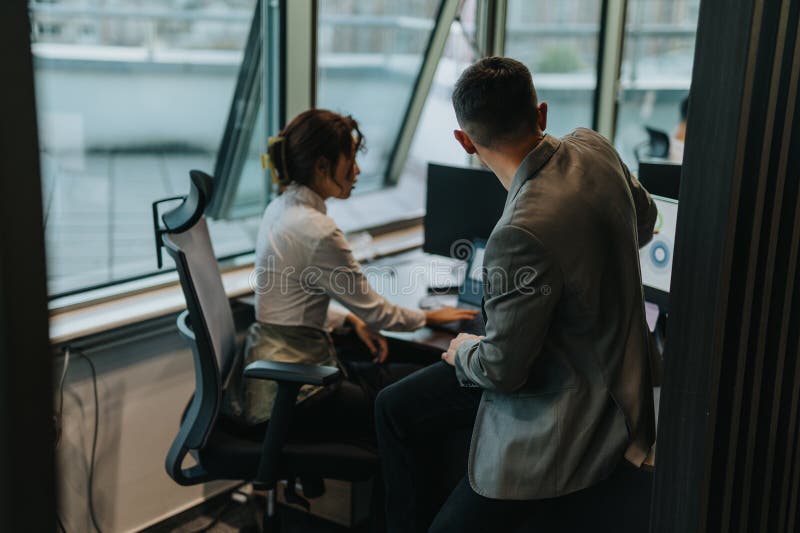 Two Business People Brainstorm on a Project, Emphasizing Teamwork and ...