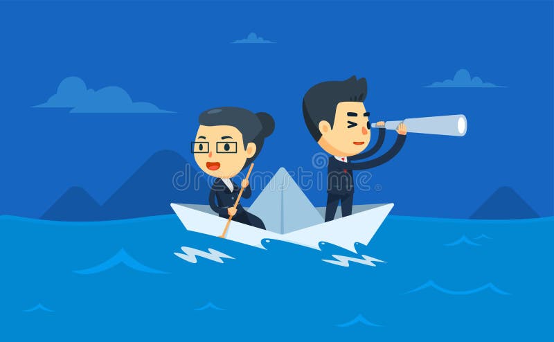 Two Business People are Riding a Paper Boat. Vector Illustration Stock ...