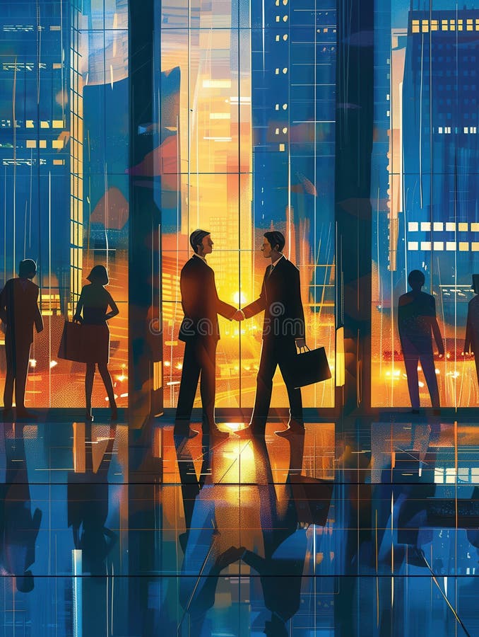 Two Business People Shake Hands in Front of a Sleek Office Building As ...