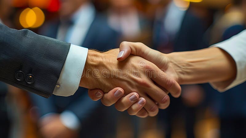Two Business People Shaking Hands in Front of a Crowd Stock Image ...