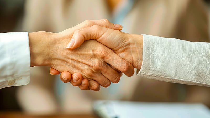 Two Business People Shaking Hands in Front of a Desk Stock Illustration ...