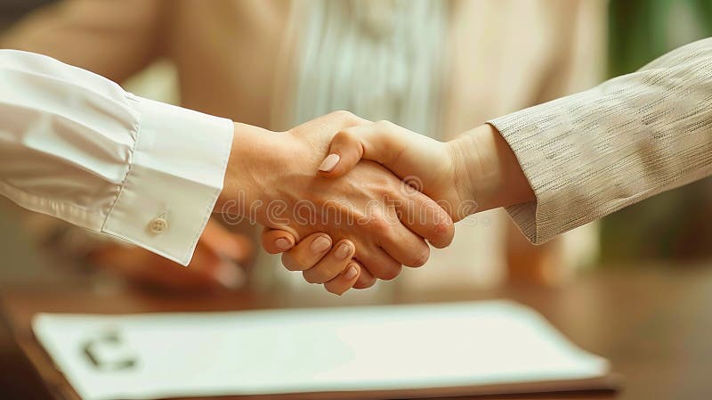 Two Business People Shaking Hands Over a Desk Stock Illustration ...