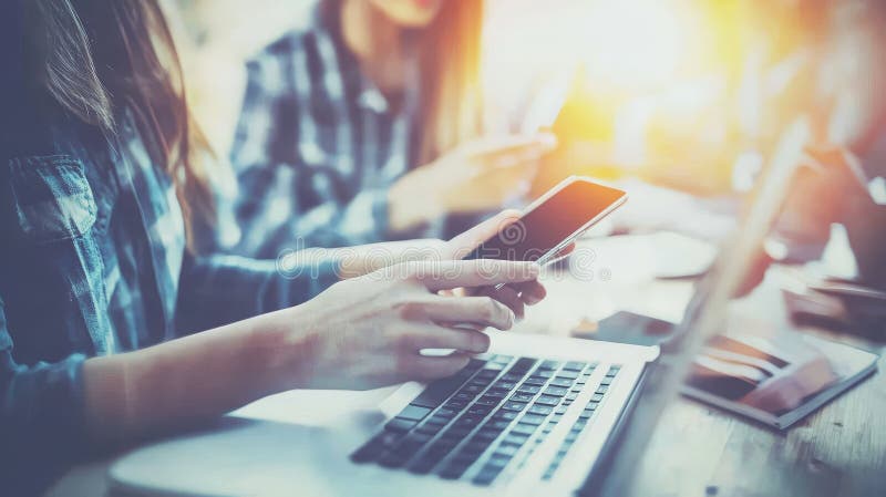 The Two Business Persons are Using Their Mobile Smart Phone and Laptop ...