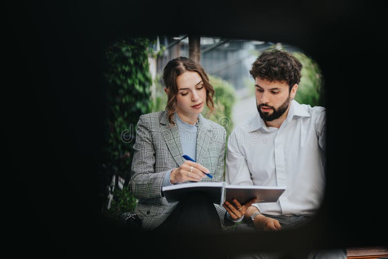 Two Business Professionals Discussing Documents in an Outdoor Setting ... Two Business Professionals Discussing Documents in an Outdoor Setting ...