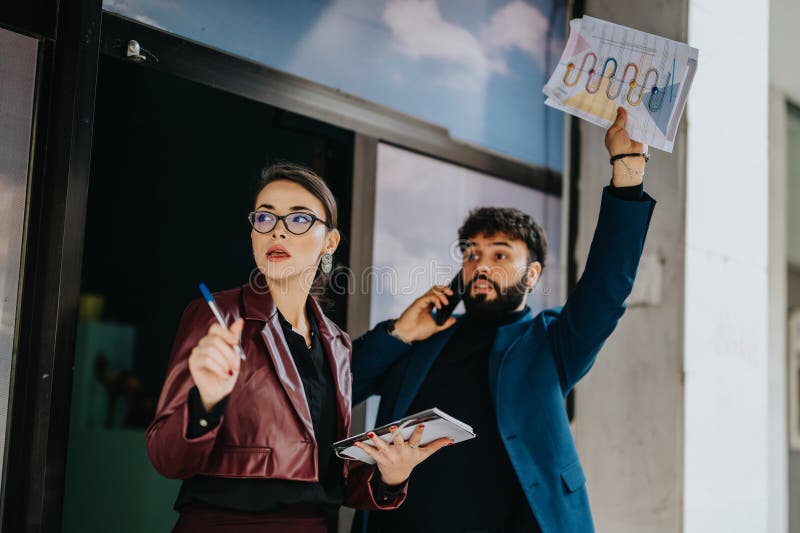 Two Business Professionals Collaborating Outdoors with Graphs and ...