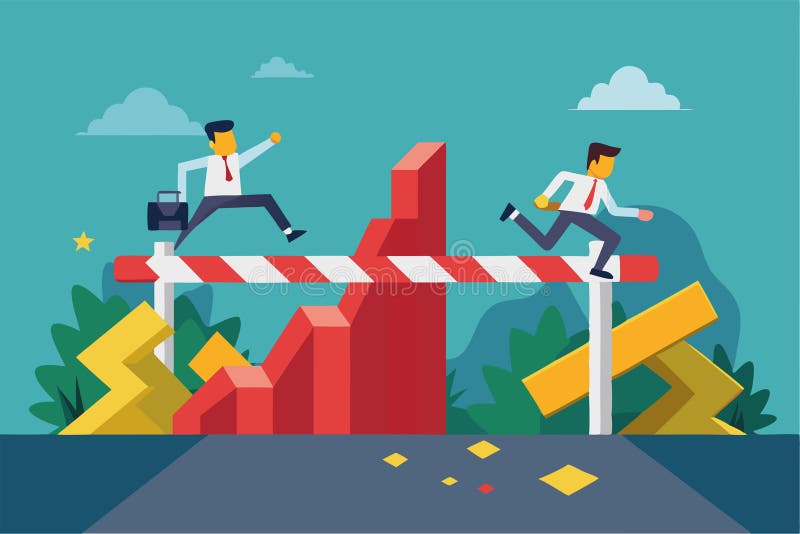 Two Business Professionals Leap Over Barriers Symbolizing Obstacles ...