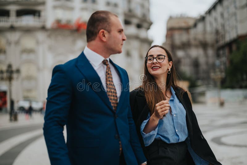 Two Business Professionals Talking while Walking in an Urban Setting ...