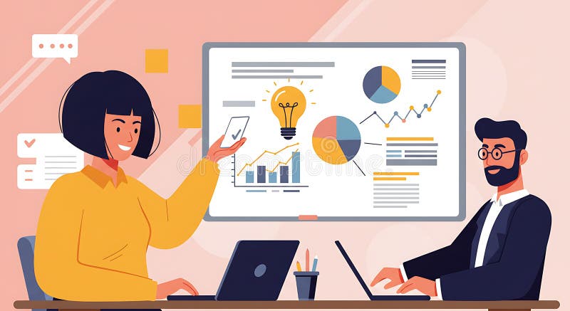 Two Colleagues Collaborating on a Presentation Board Stock Illustration ...