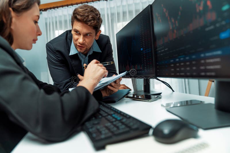 Two Business Traders Discussing Business Statistic on Report Paper ...