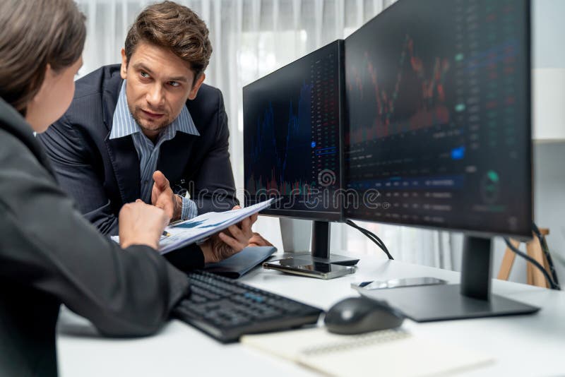 Two Business Traders Discussing Business Statistic on Report Paper ...