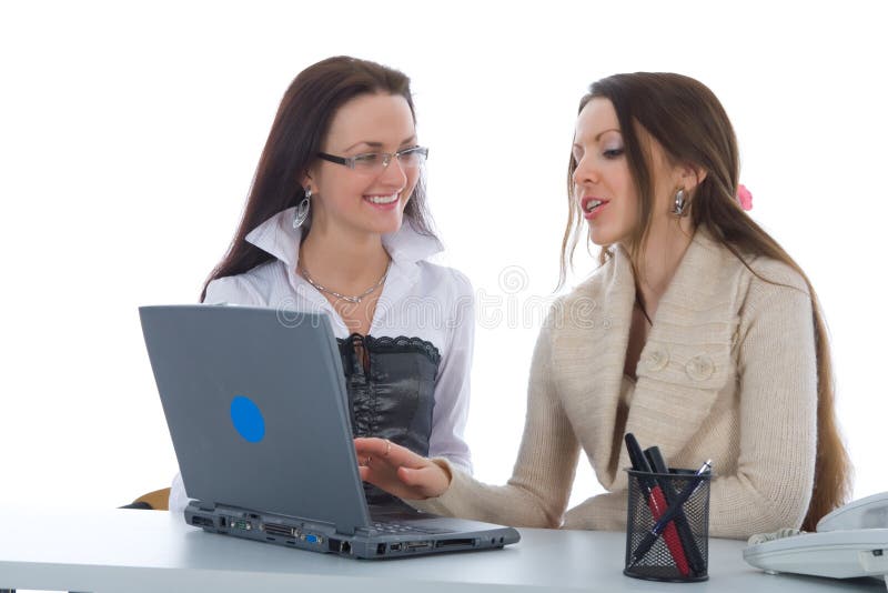 Two Business Woman Work with Laptop Stock Image - Image of market ...