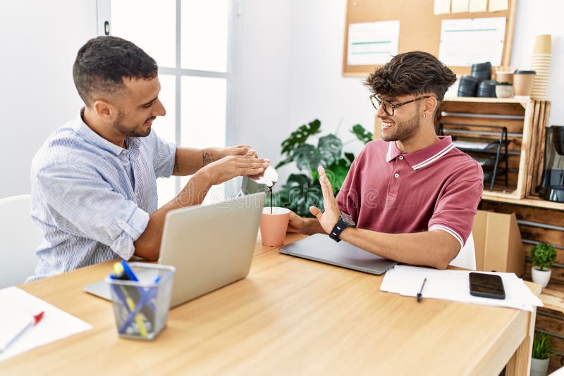 Two Business Workers Smiling Happy Drinking Coffee at the Office Stock ...