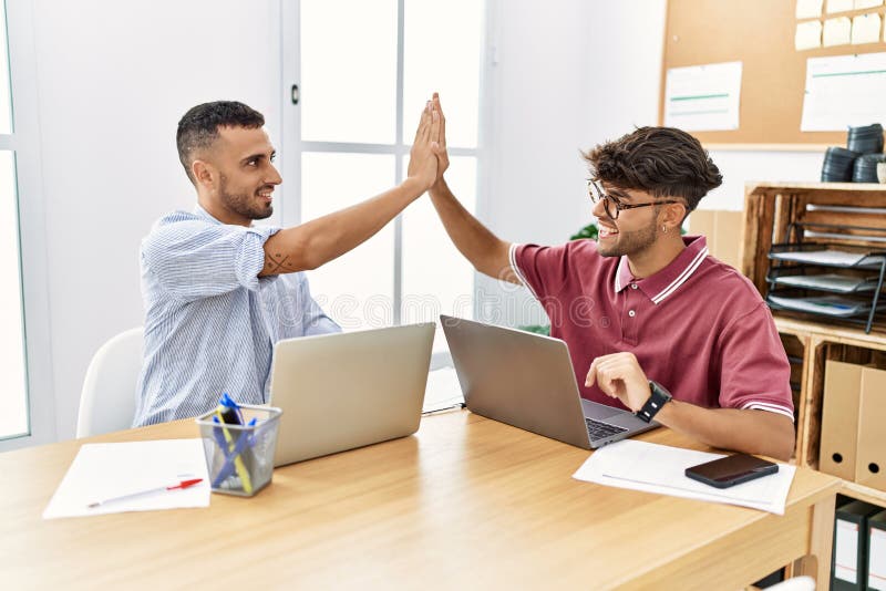 Two Business Workers Smiling Happy High Five with Hands Raised Up at ...