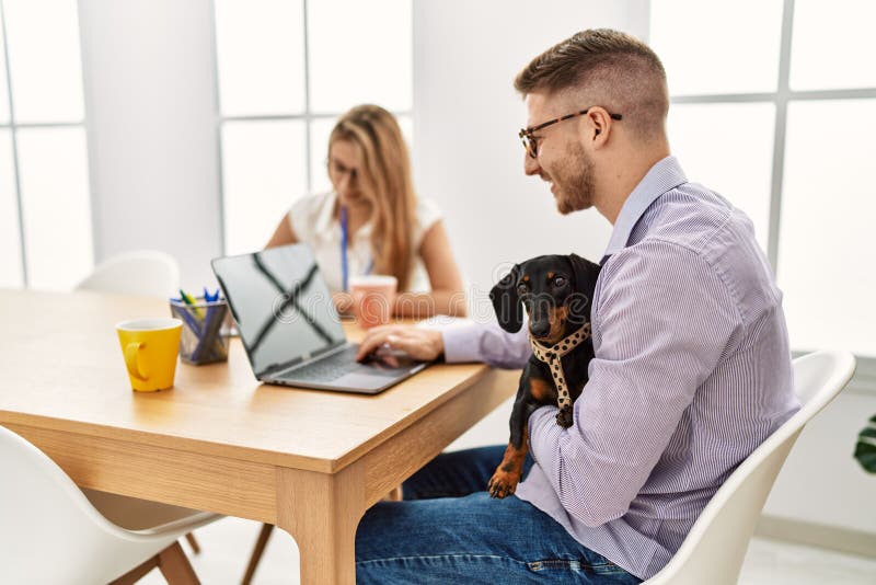 Two Business Workers Smiling Happy Working with Dog at the Office Stock ...