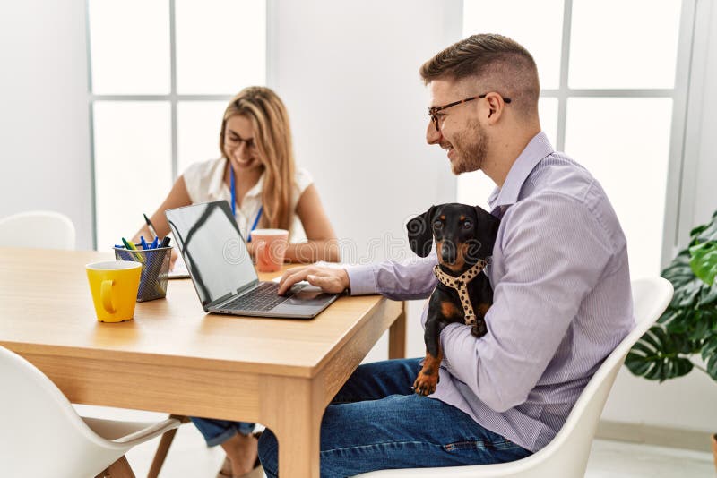 Two Business Workers Smiling Happy Working with Dog at the Office Stock ...