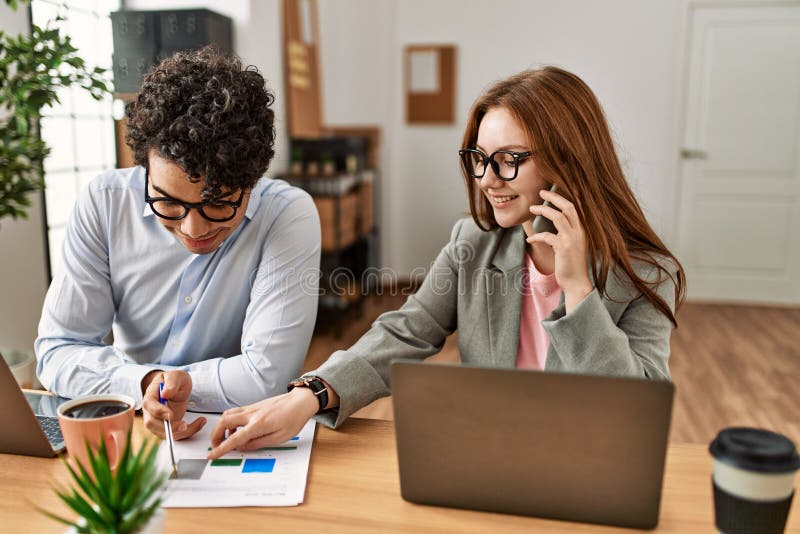 Two Business Workers Smiling Happy Working and Talking on the ...