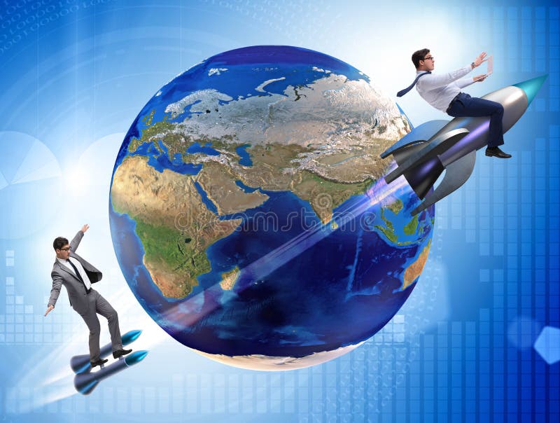 Two Businessmen Chasing Around Globe Stock Image - Image of flying ...
