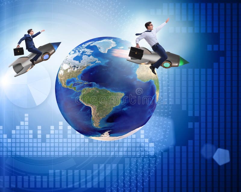 Two Businessmen Chasing Around Globe Stock Photo - Image of leader ...