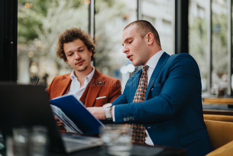 Two Businessmen Discussing Work Documents in a Modern Coffee Bar ...